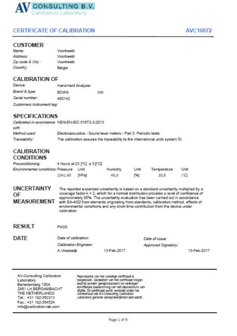 Voorbeelden Kalibratie Certificaten - Geluidsmeter kalibratie en ...